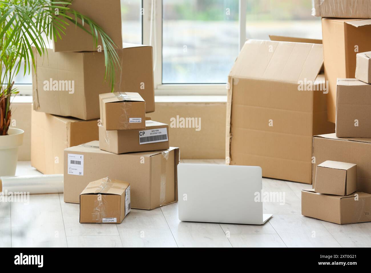 Laptop with parcel boxes in room Stock Photo - Alamy