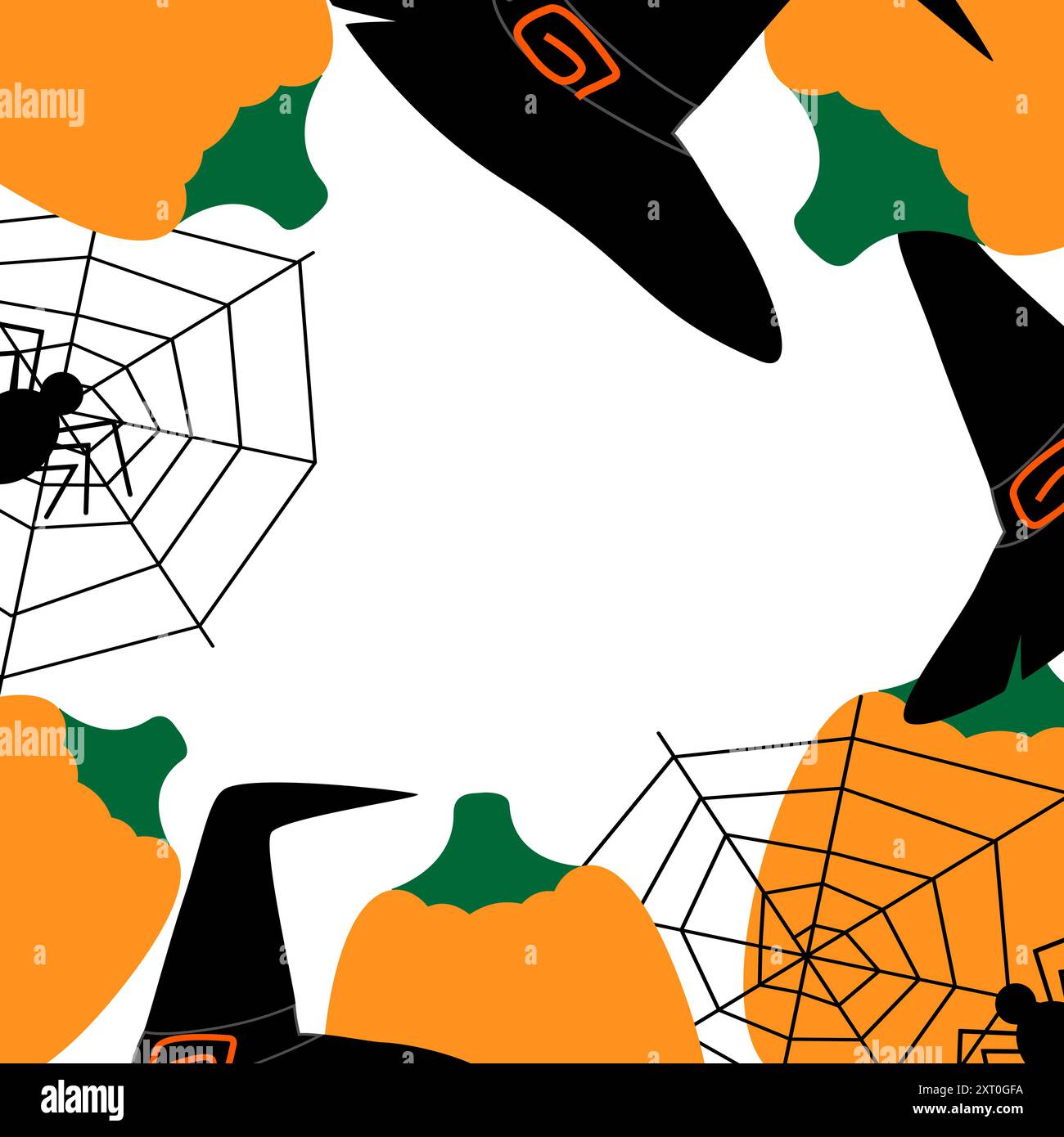 Halloween frame border with witch hats, cobweb, spiders and pumpkins in ...
