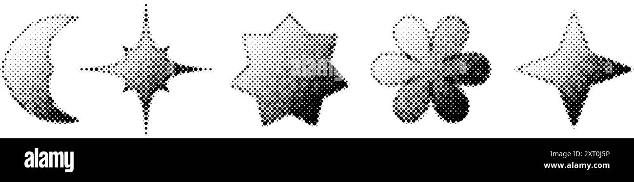 Halftone grain stars set. Dotted grunge geometric shape collection. Y2K ...