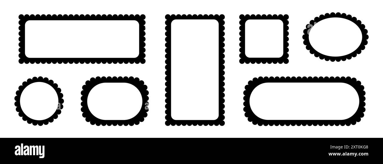 Border frame scallop edge rectangle, oval, round vector shape. Wave ...