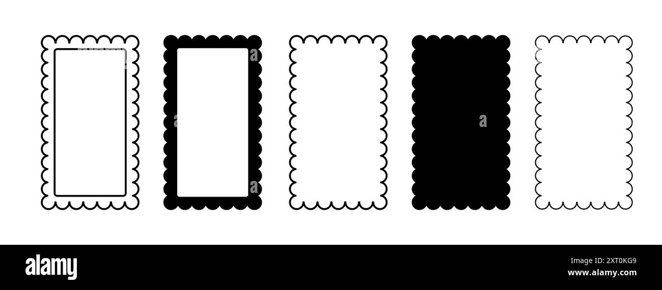 Border frame scallop edge rectangle vector shape. Wave scallop squiggle cute simple rectangle ...