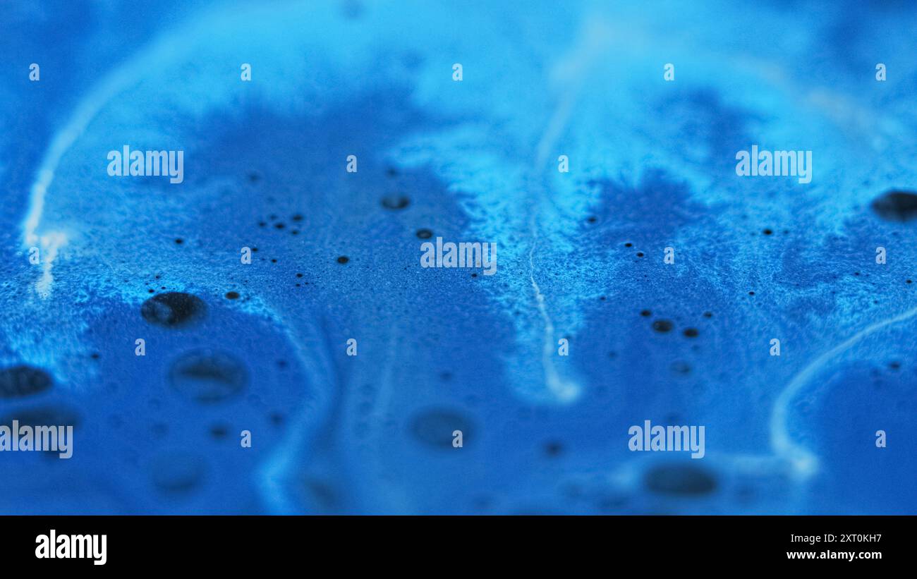Paint blend. Bubble liquid spill. Defocused cyan blue color shimmering ...