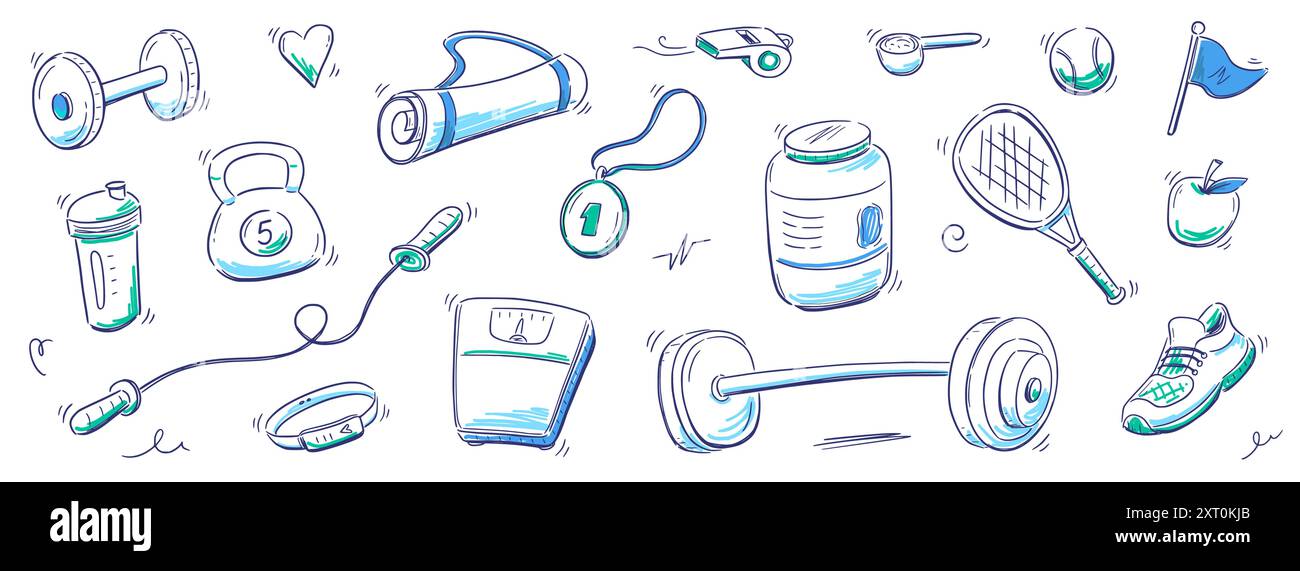 Sport gym sketch icon set. Hand drawn sketch doodle healthy sport, gym ...