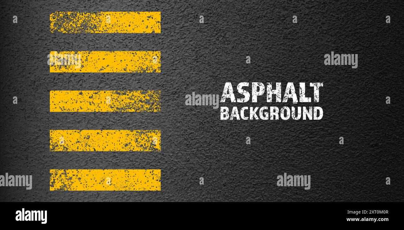 Asphalt road with yellow cracked lane marking, concrete highway surface ...
