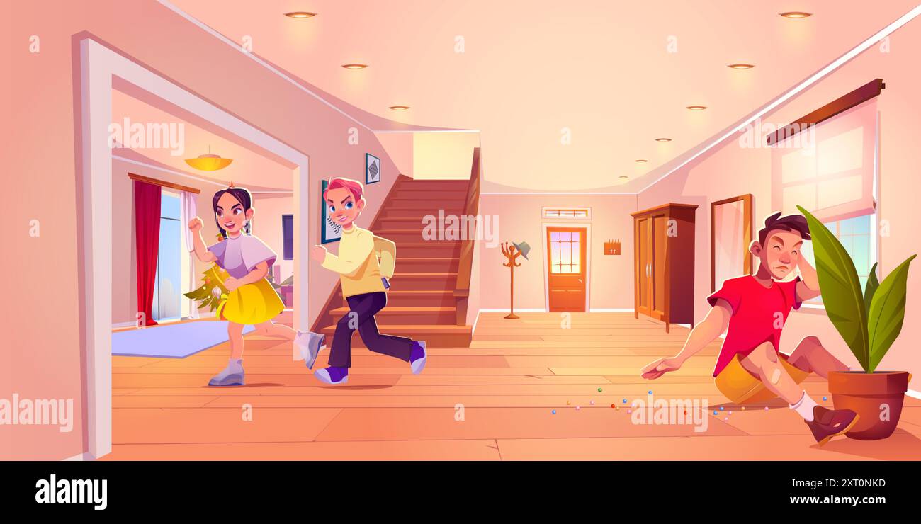 Naughty children pranking father at home. Vector cartoon illustration ...