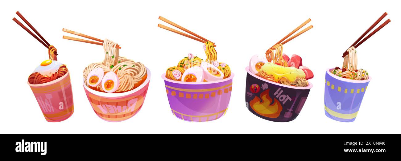 Noodle with chopsticks in cardboard cup and bowl. Cartoon vector ...