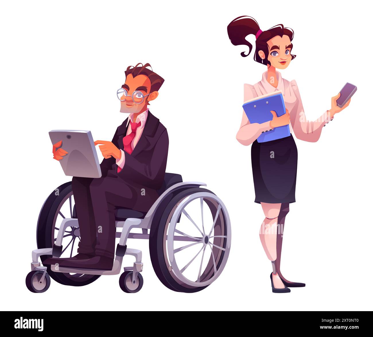 Diverse disable person at office work. Cartoon vector illustration set ...