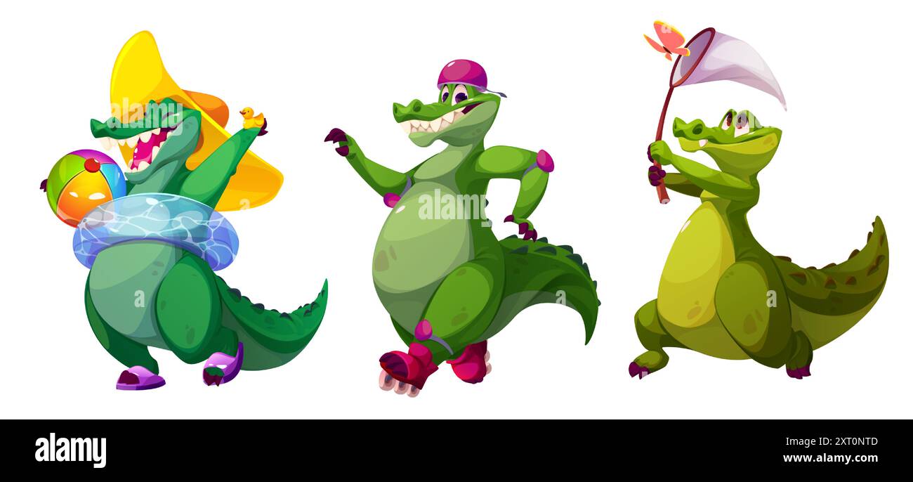 Cute funny alligator cartoon character. Green crocodile mascot catching ...