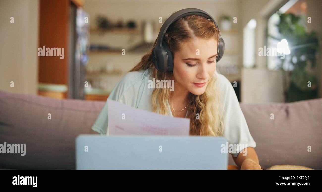 Woman, laptop and headphones with document at house for financial ...