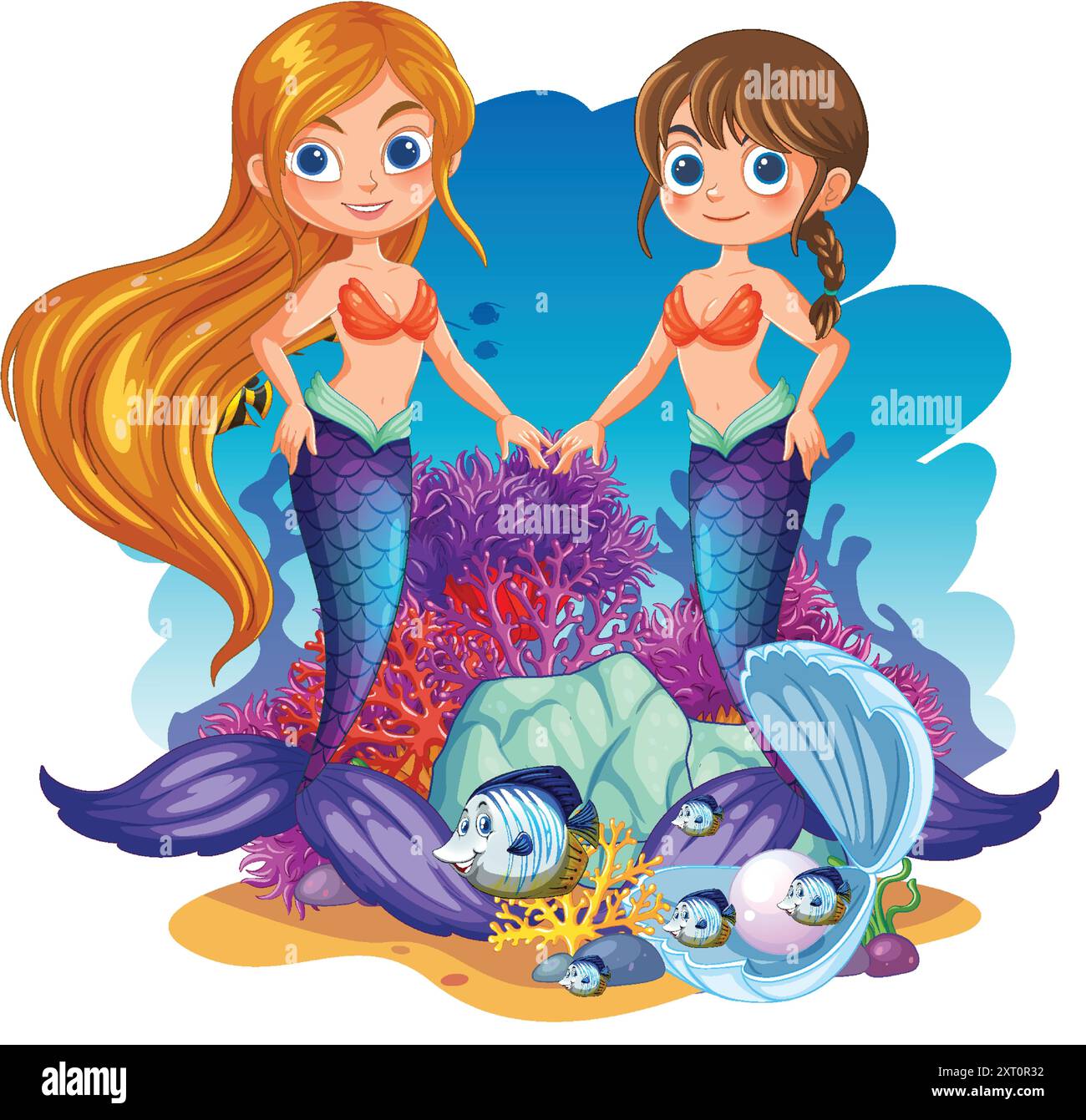 Two mermaids holding hands underwater with sea creatures Stock Vector ...