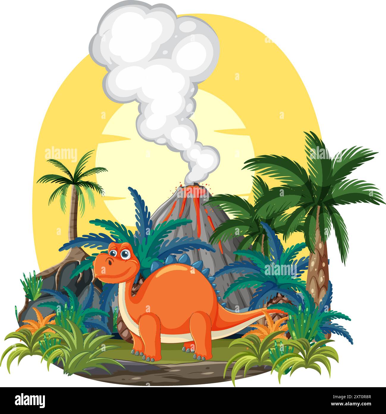 Dinosaur in lush jungle with erupting volcano Stock Vector Image & Art ...