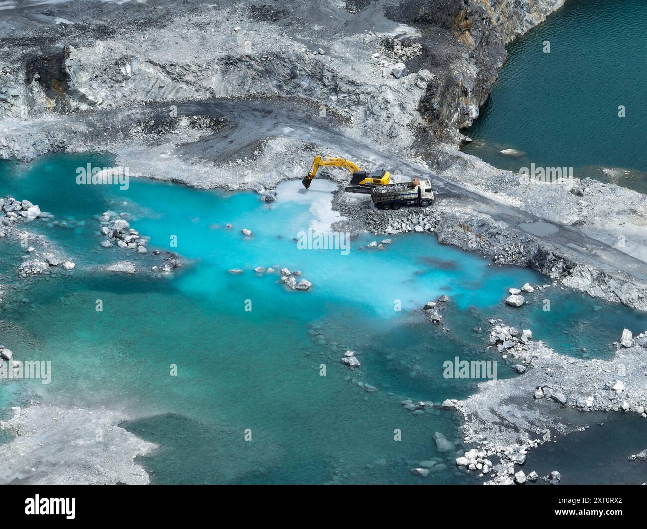 Open pit mine industry. Limestone quarry with backhoe and truck in ...