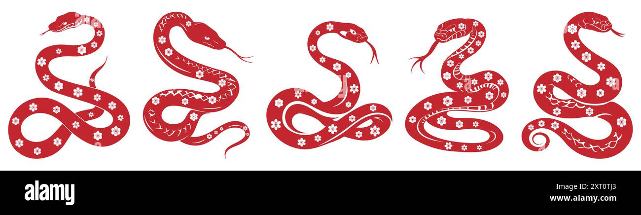 Set of snakes icons with floral design. Happy Chinese new year 2025 ...
