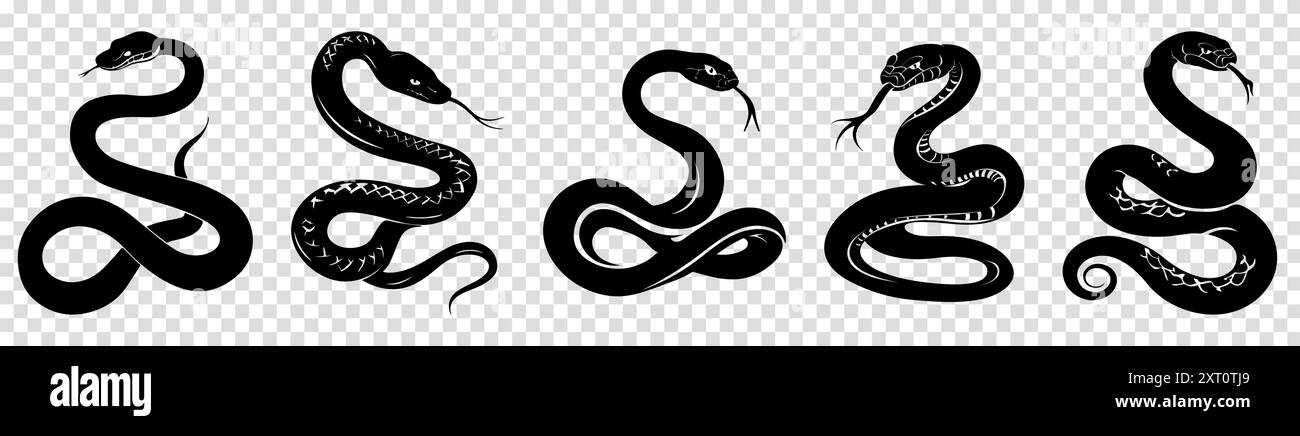 Set of snakes silhouette. Vector illustration isolated on transparent ...