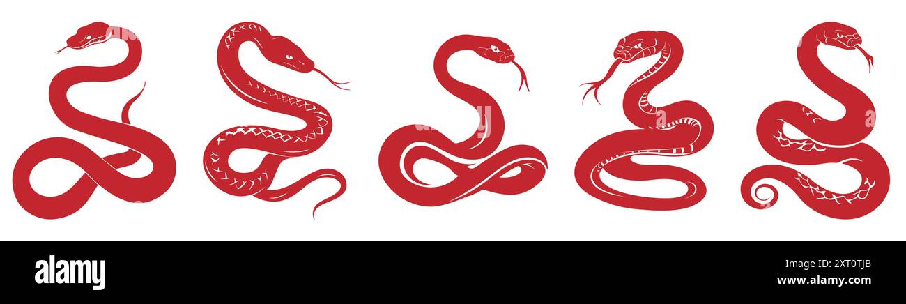 Set of red snake zodiac year. Chinese character with snake illustration ...