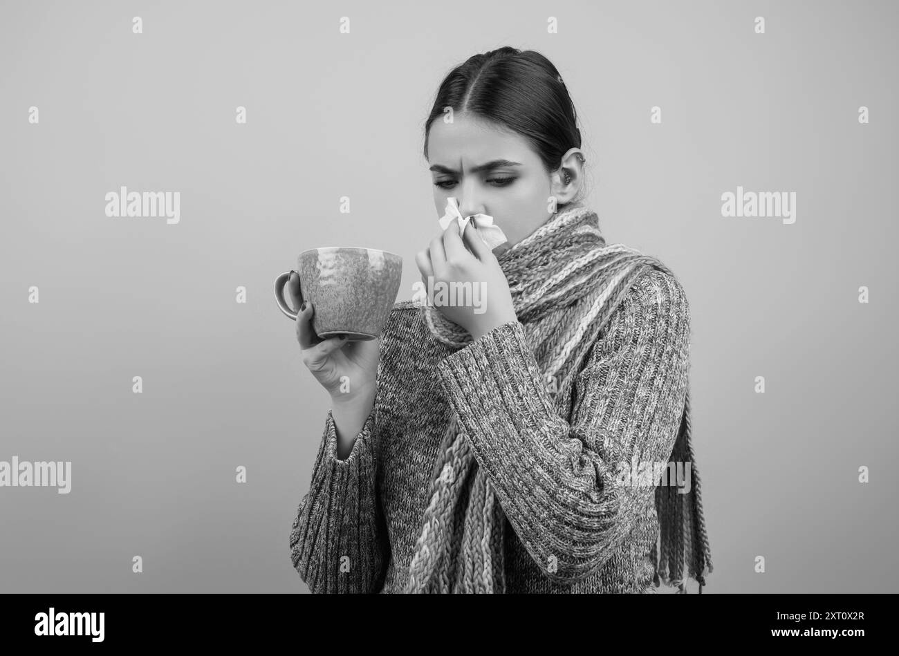 Woman in hold cup and have headache. Seasonal allergies. Sinus ache ...