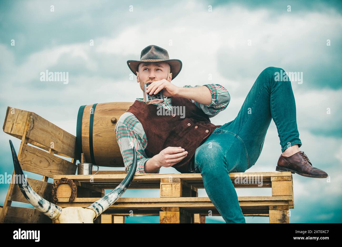 Guy cowboy. Owner of ranch. Farm worker and farming concept. Attractive ...