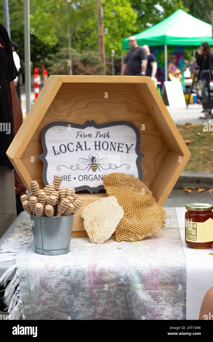 Local organic Honey display at Trout Lake Farmer's Market in British ...