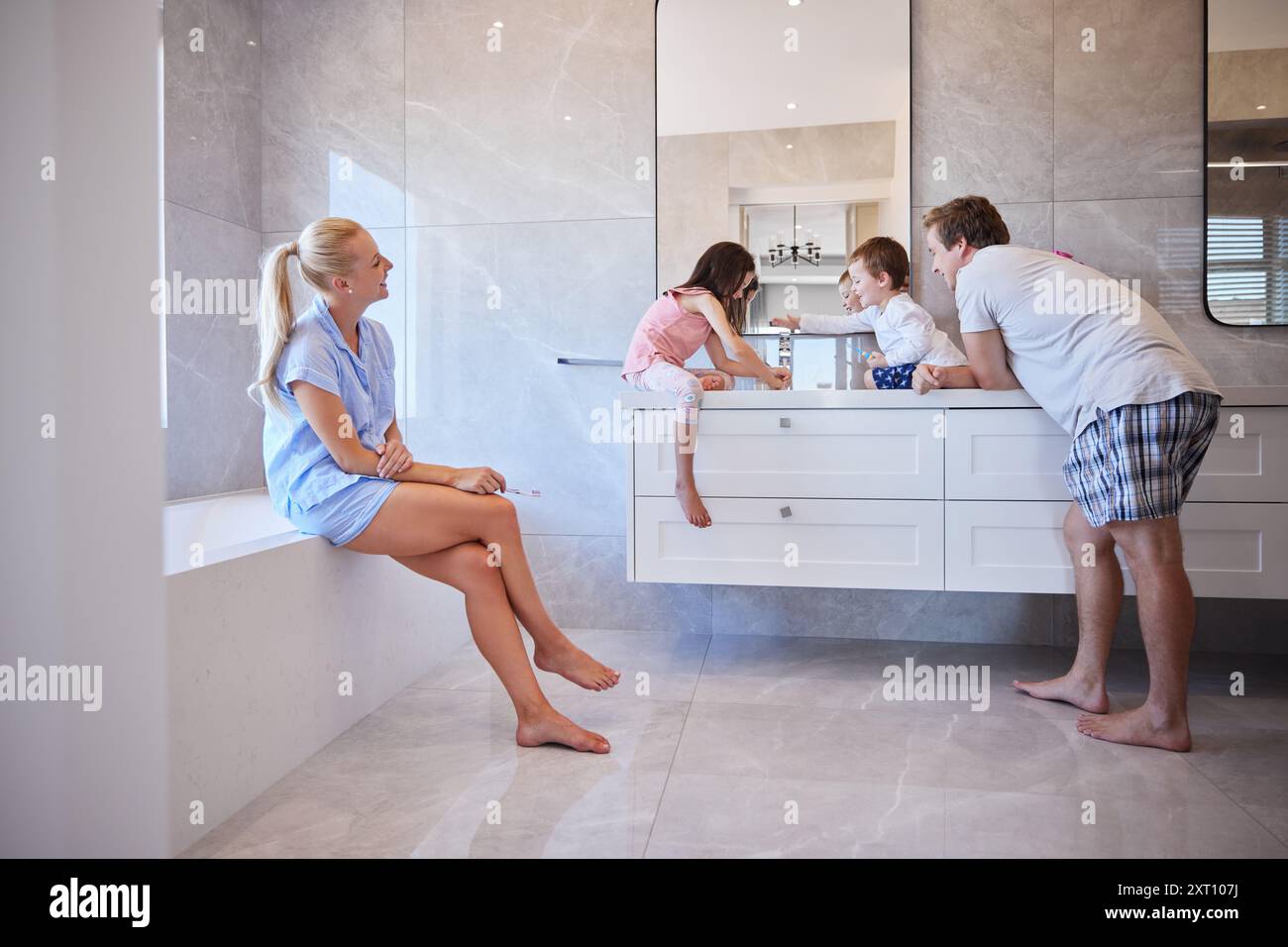 Parents, family and toothbrush at home with love and children together ...