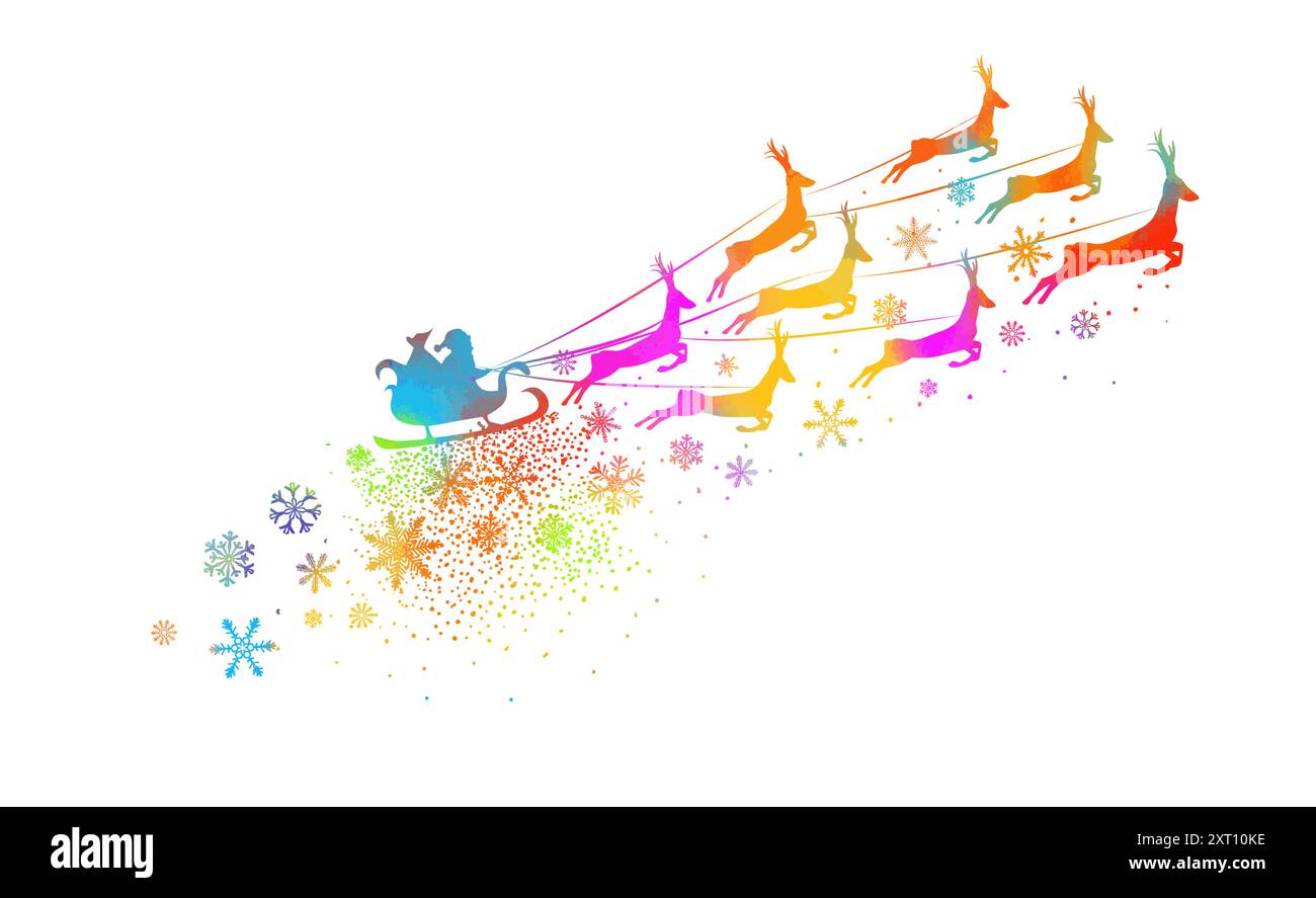 colored Silhouette of Santa flying in his sleigh. Christmas element ...