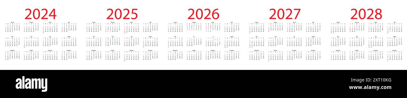 Simple set calendar for 2024 - 2028 years. Editable vector calender ...