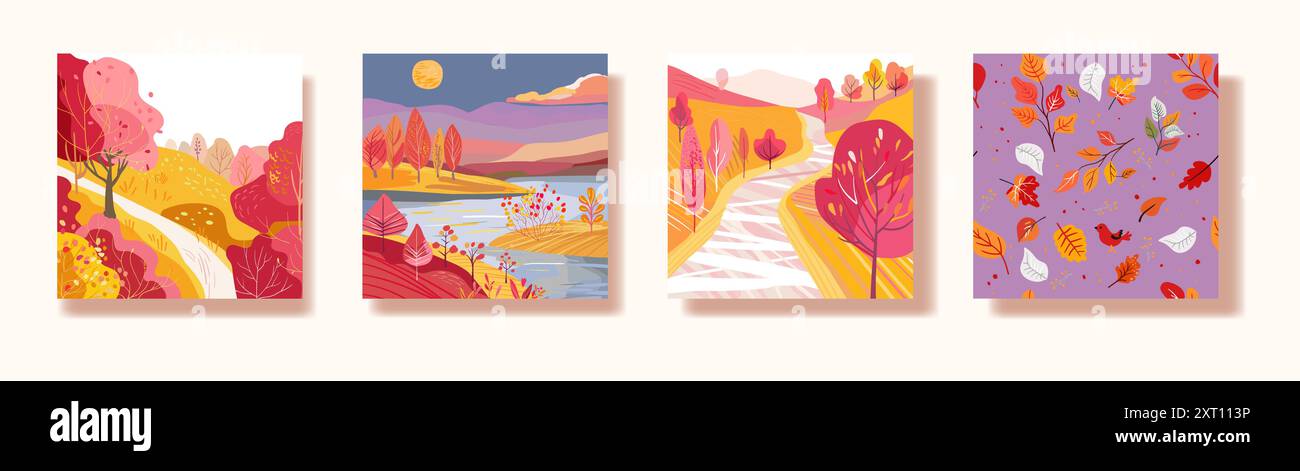Set of square posters with landscapes Hand drawn. Autumn trees with ...