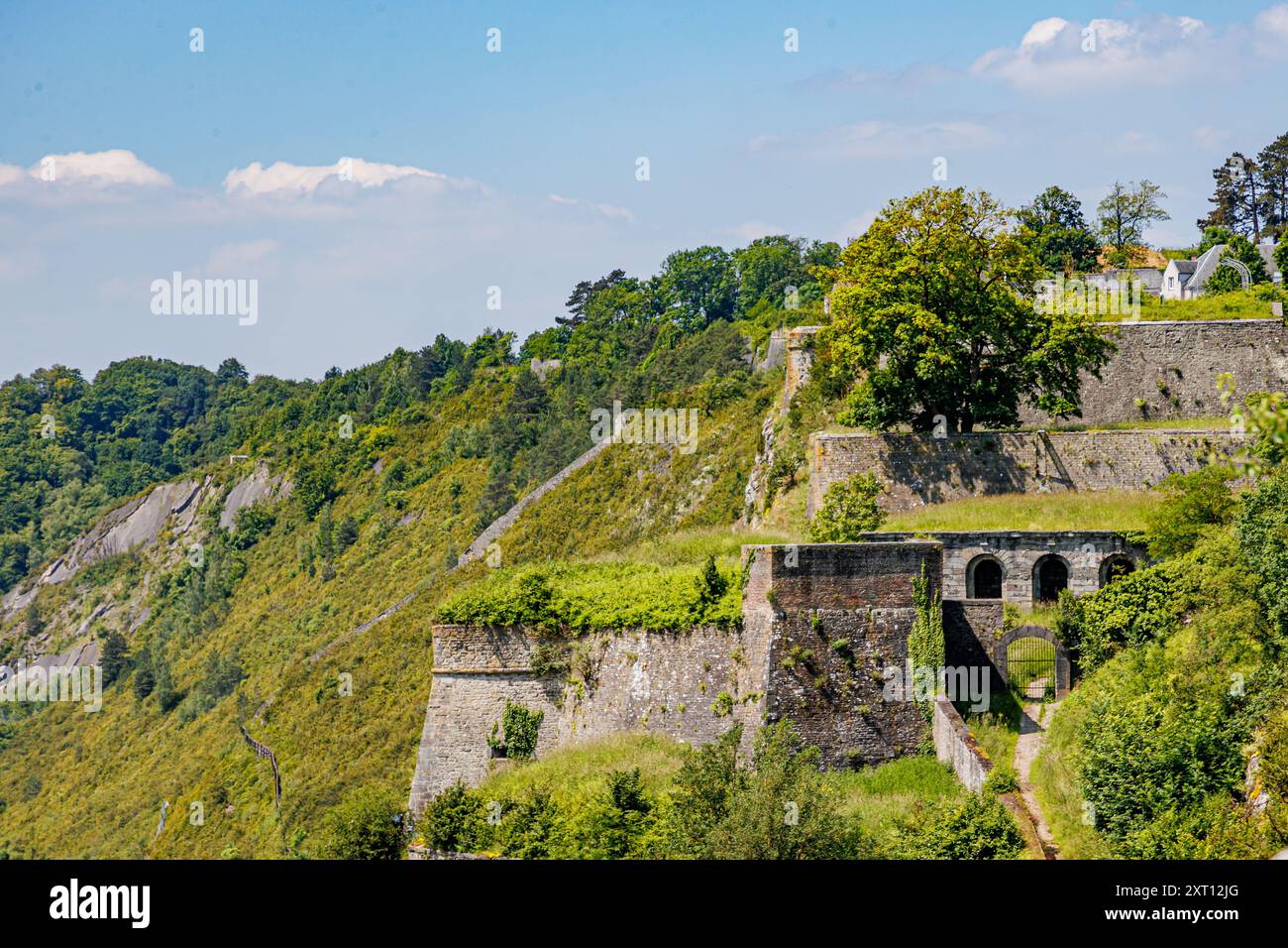Aerial view of hill with part of fortified walls of Charlemont fortress ...