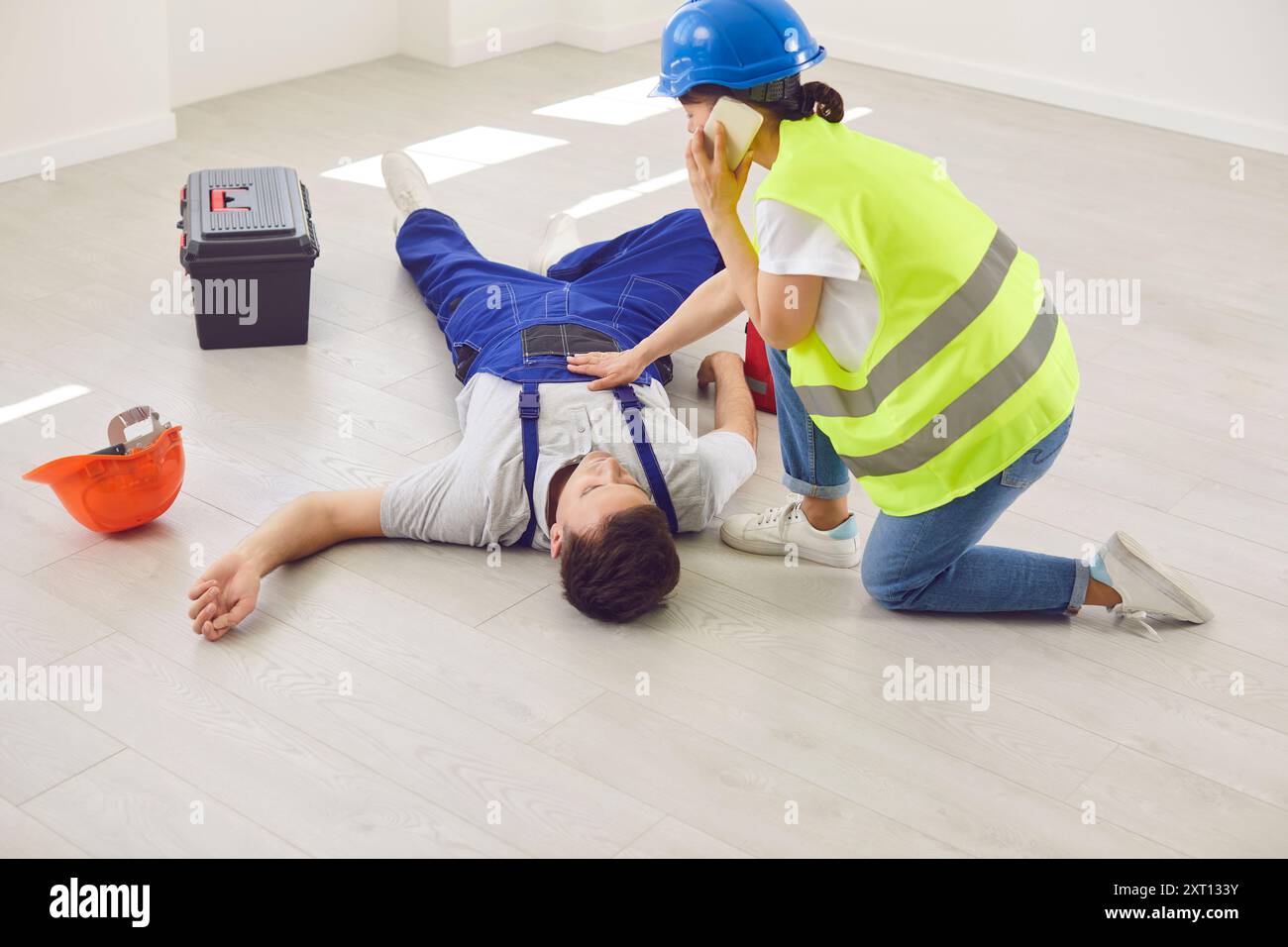 Colleague Calls Ambulance for Worker Fainted Due to Work Accident Stock ...