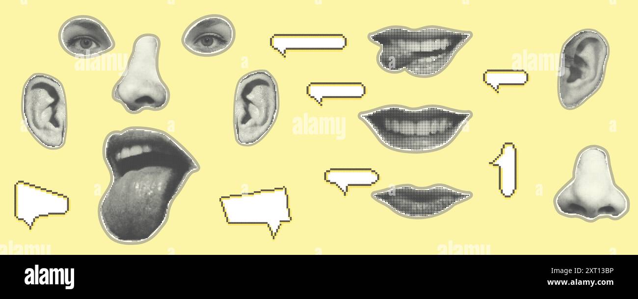 Set of eyes, lips, ear in halftone style. Retro magazine cut out ...