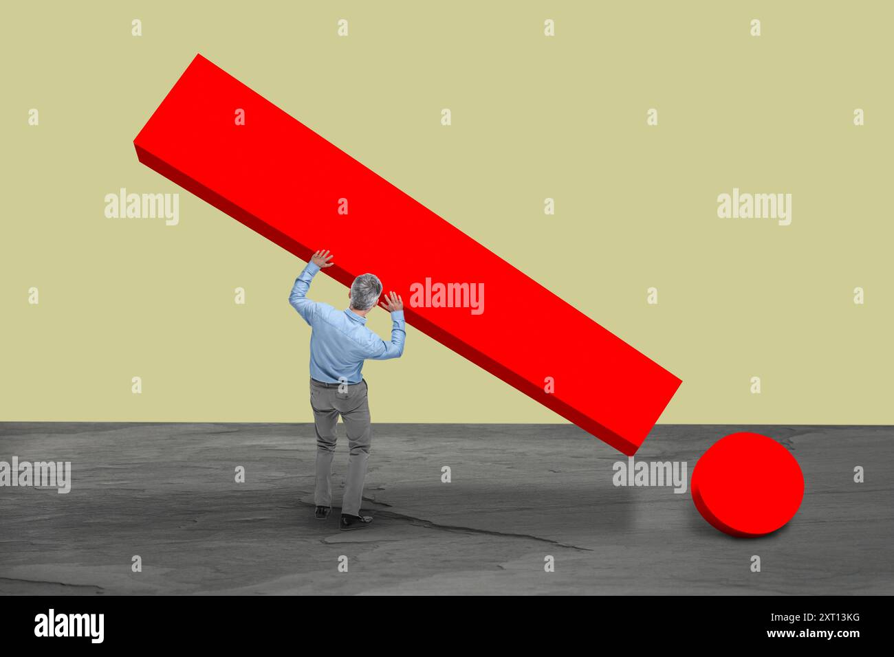 Small man holding big red exclamation mark on yellow background ...