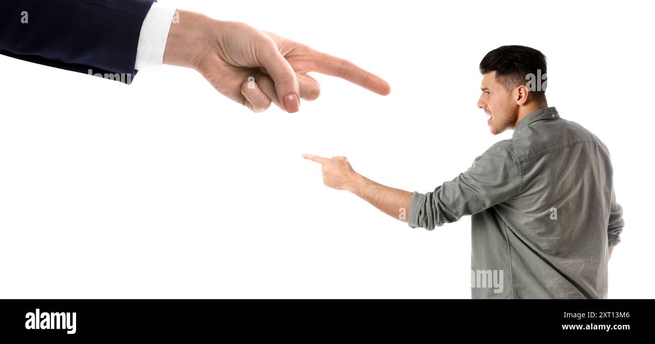 Man and woman pointing at each other on white background, banner design ...