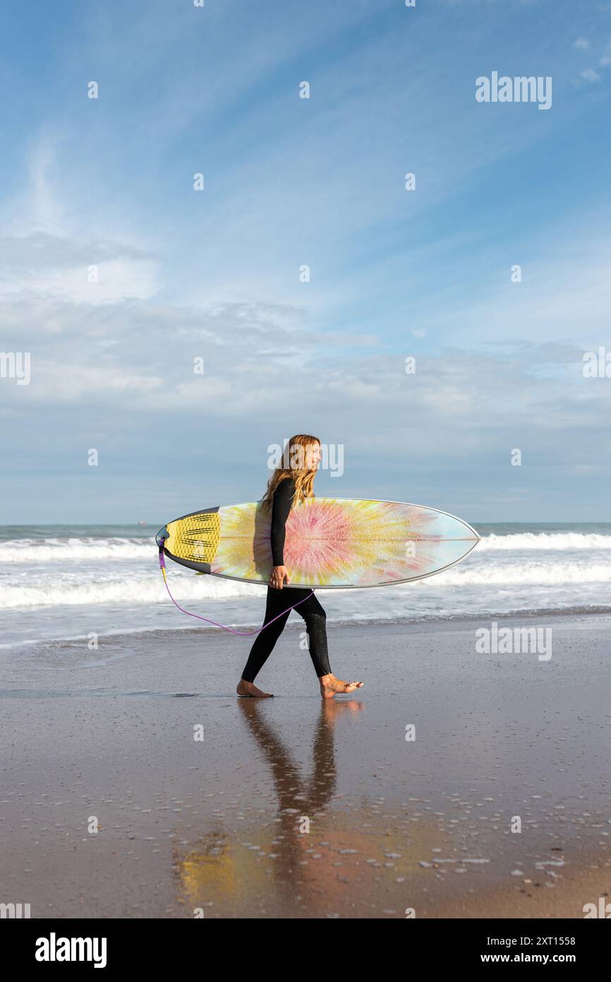 Full body side view of sportive female surfer in black wetsuit walking ...