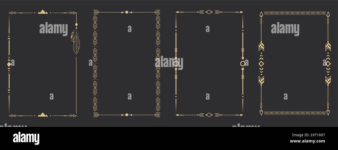 Gold frame set with tribal native indian arrow, ornament. Border thin ...