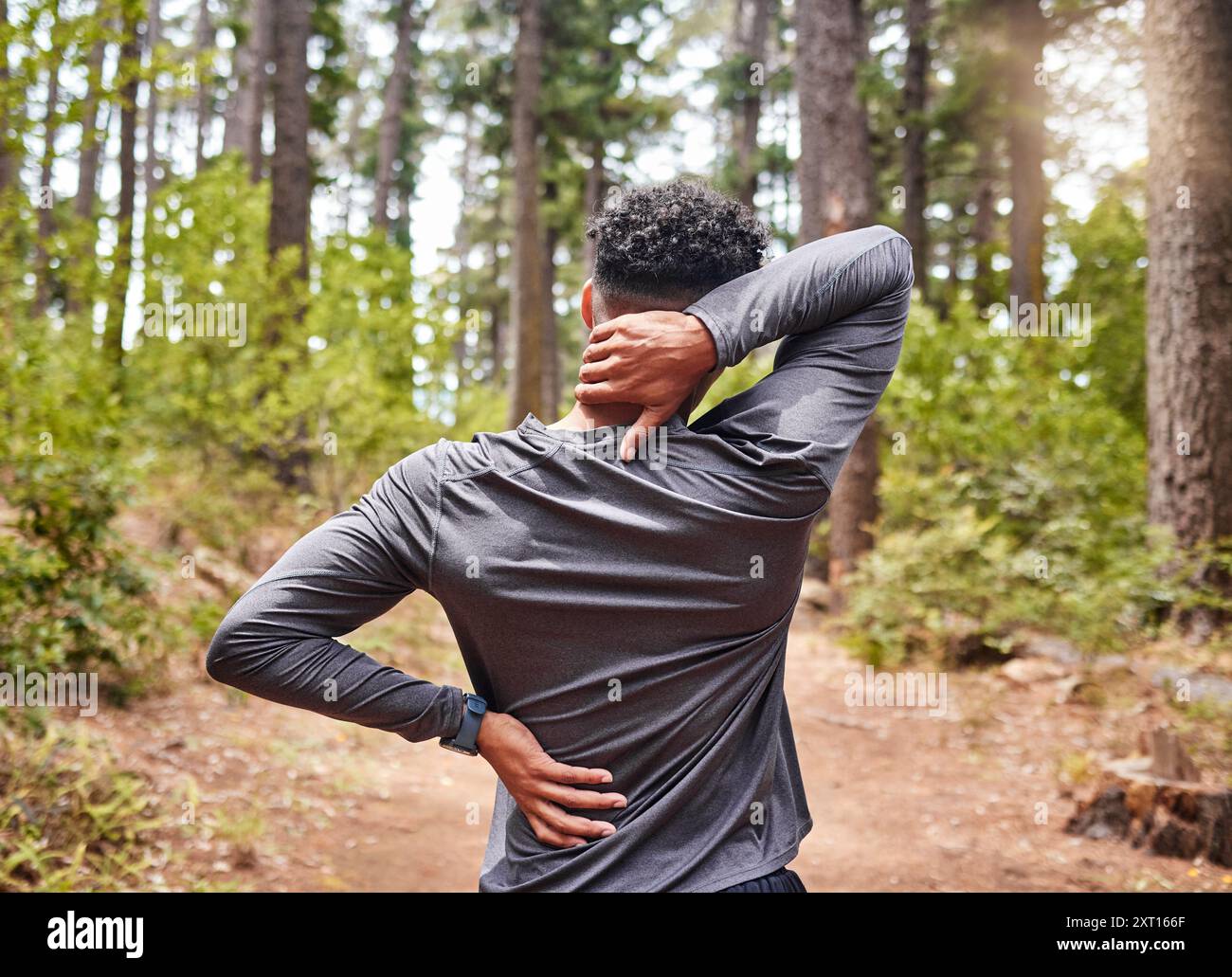 Back pain, fitness and runner man in forest with injury from cardio ...