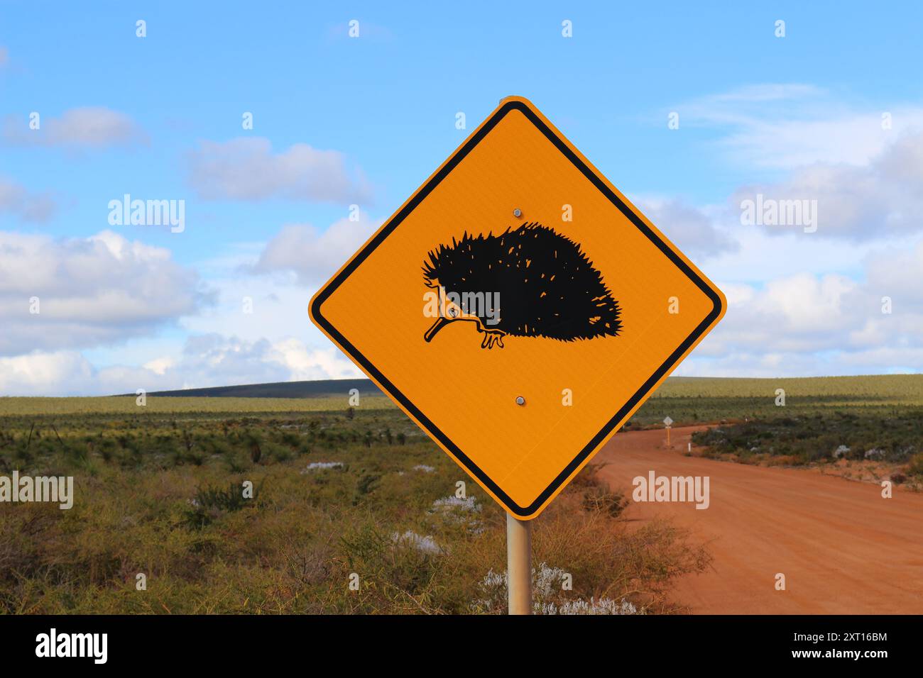 Wildlife trafic warning sign with echidna in the Australian outback ...