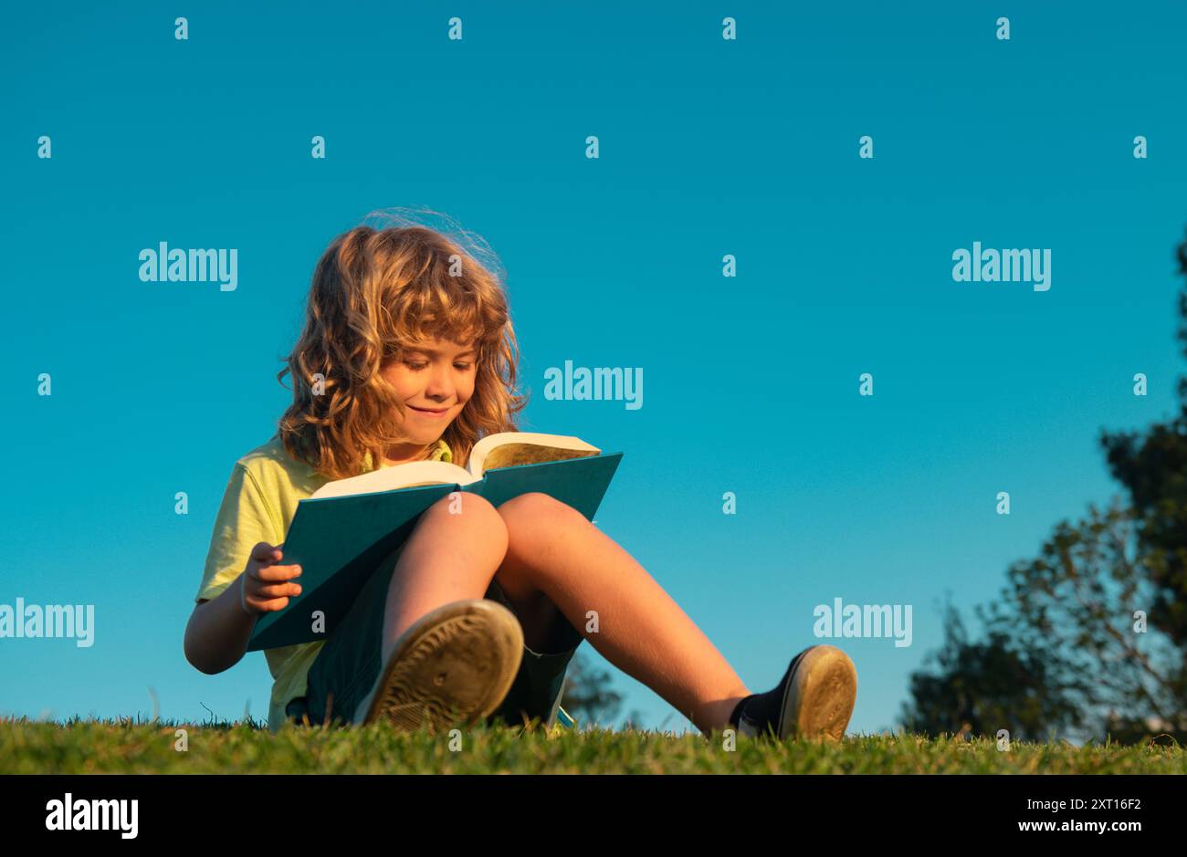 Smart kid boy reading book in park outdoor Stock Photo - Alamy
