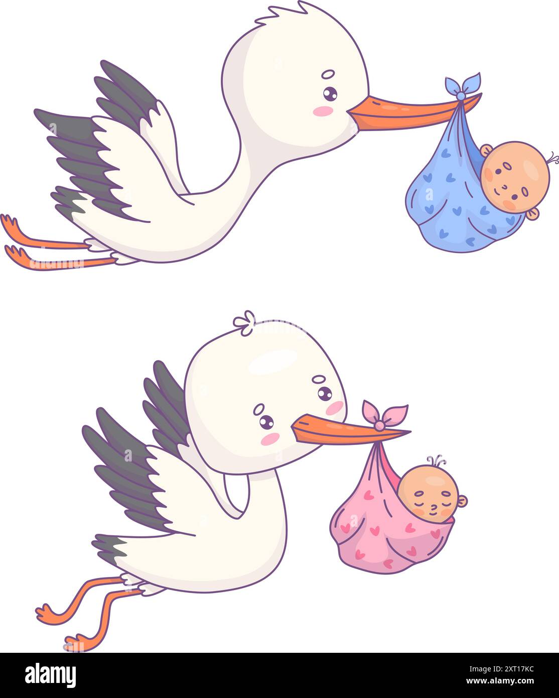 Cute flying white stork with newborn baby girl and boy. Isolated vector ...
