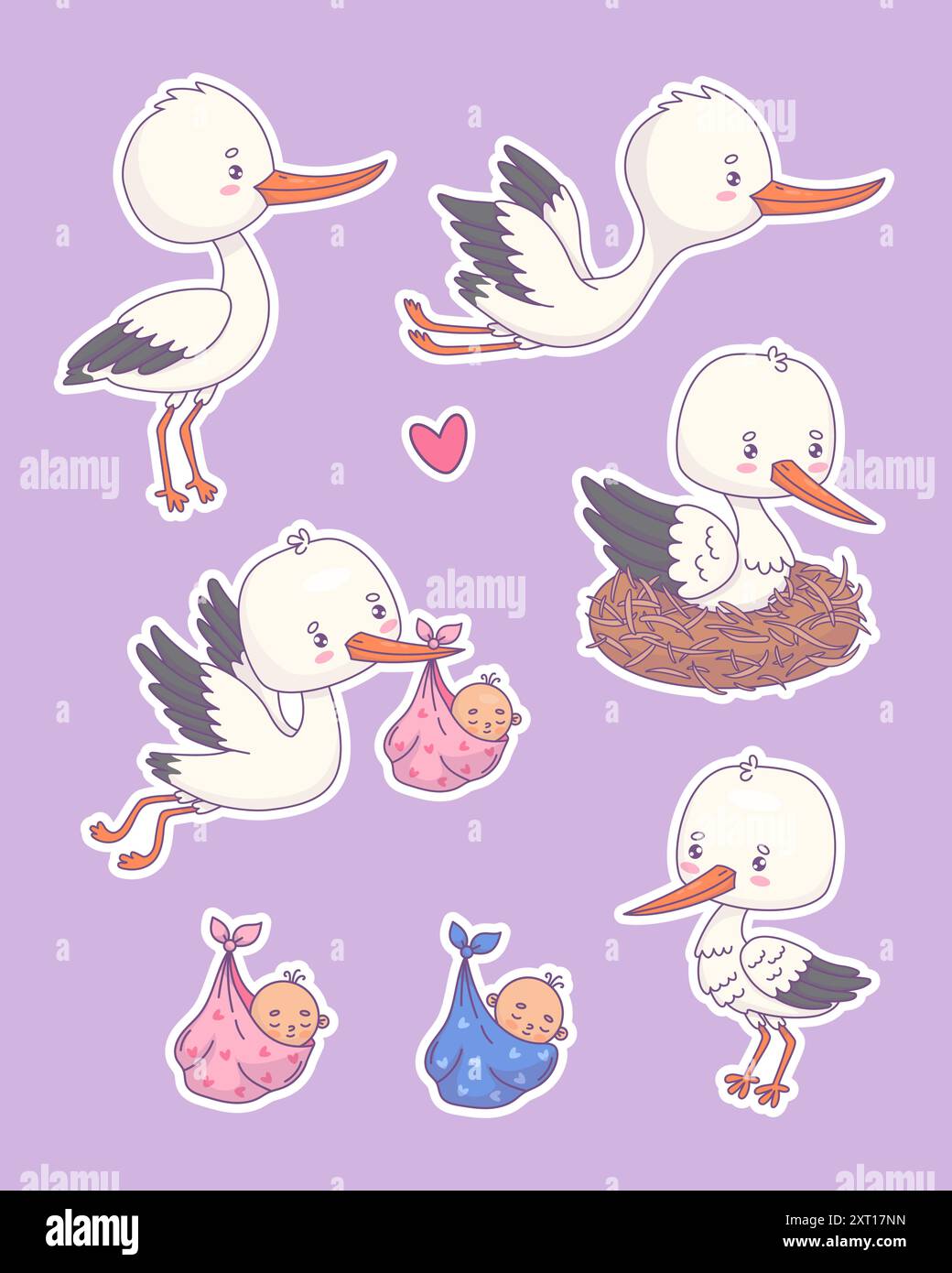 Cute white stork with baby stickers. Isolated funny cartoon kawaii bird ...