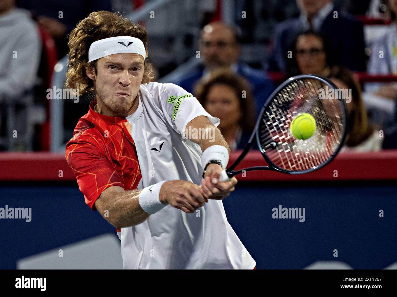 Montreal, Canada. 12th Aug, 2024. Andrey Rublev of Russia returns the ...