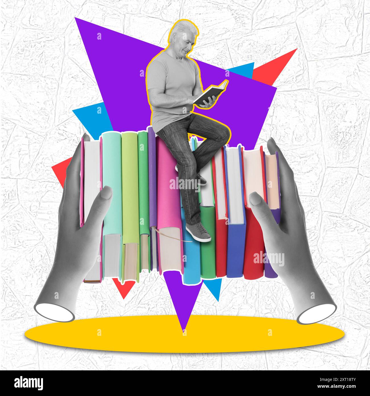 Creative art collage with books, man and woman's hands on white ...