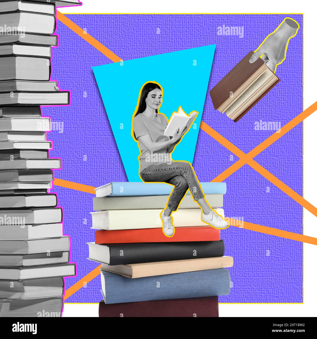 Creative art collage with books, woman and girl's hand on white ...