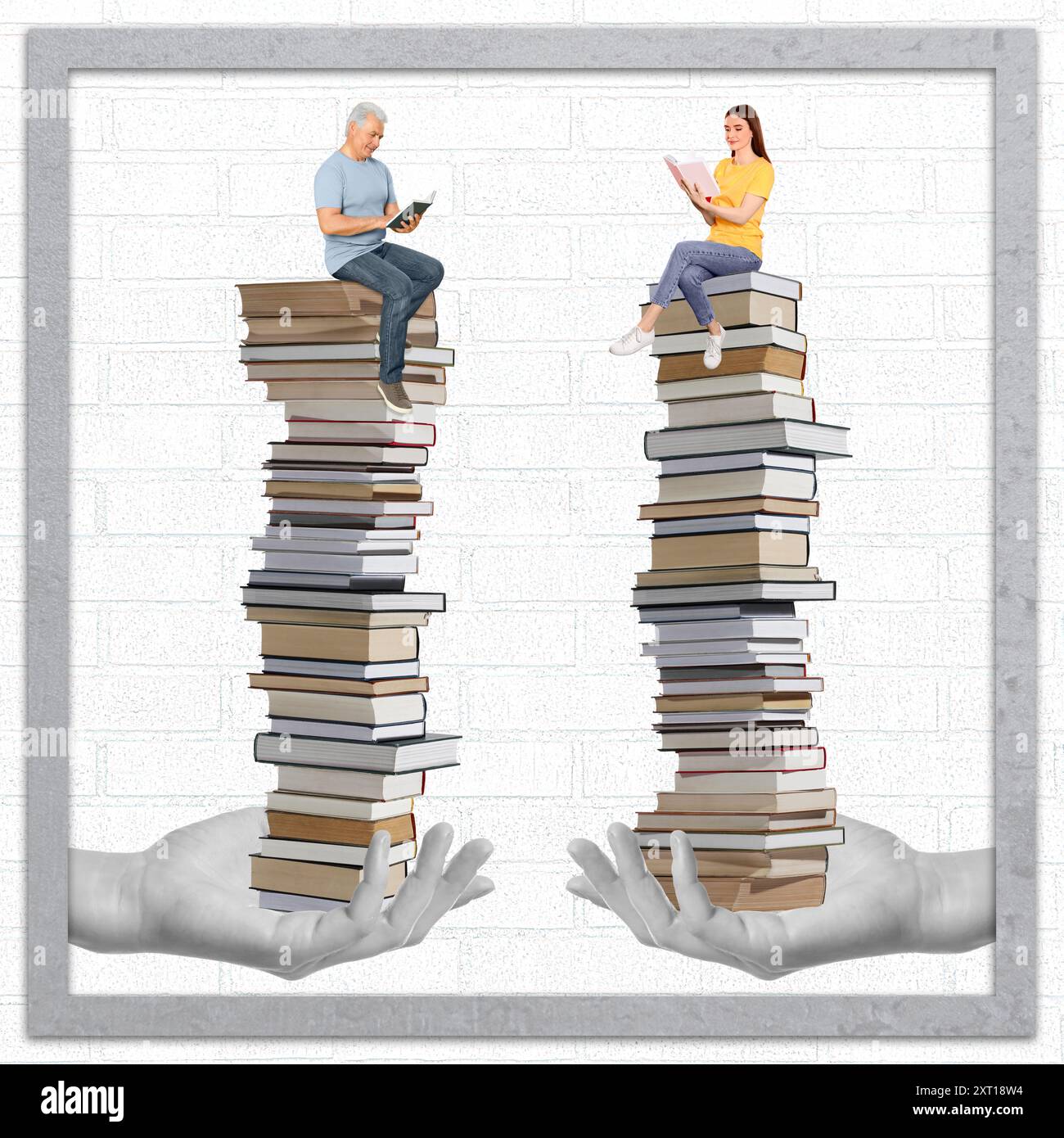 Creative art collage with books, people and girl's hands on white ...