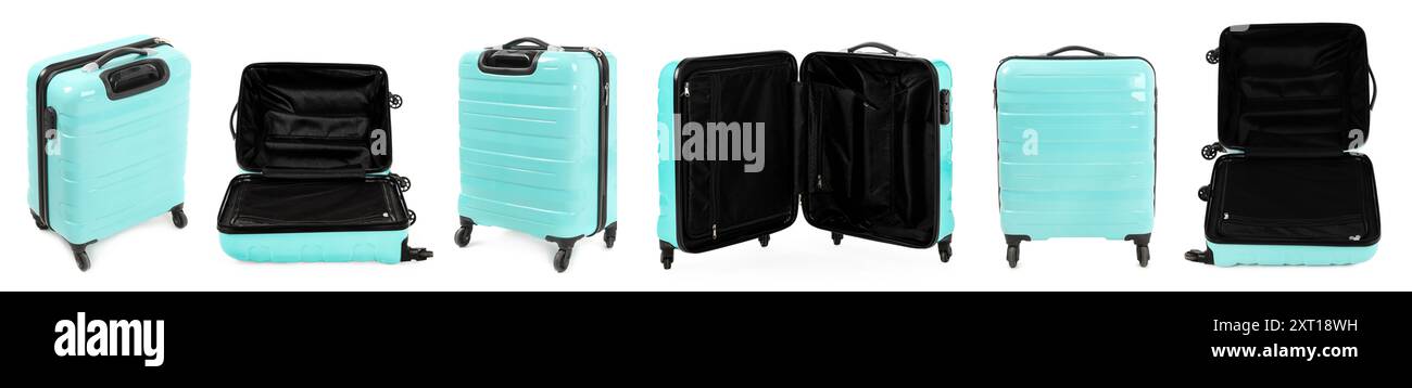 Set of turquoise suitcase on white background, view from different ...