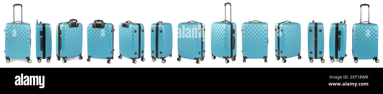 Set of light blue suitcase on white background, view from different ...