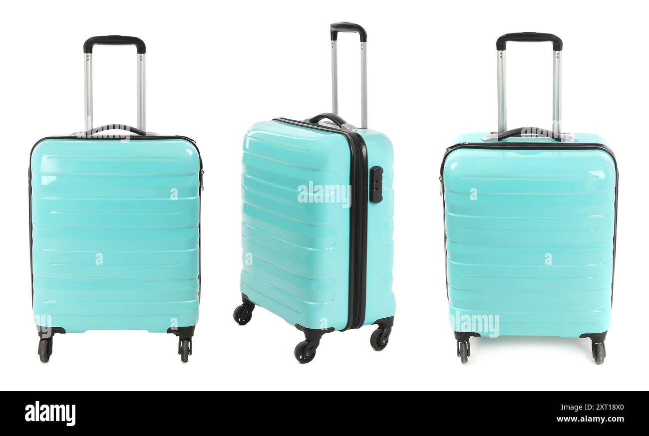Set of turquoise suitcase on white background, view from different ...