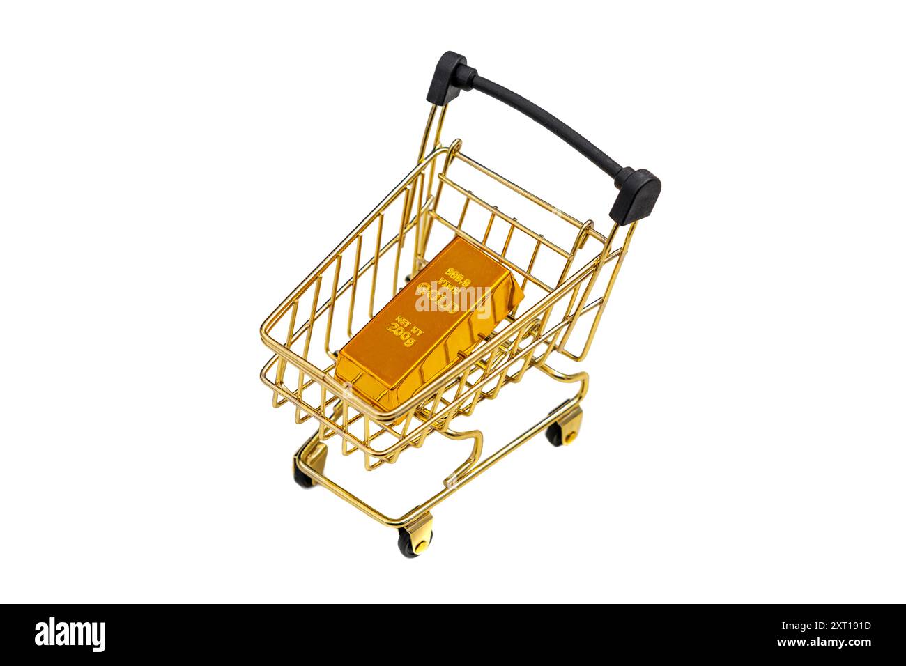Golden shopping chart or supermarket trolley with golden bar on white ...