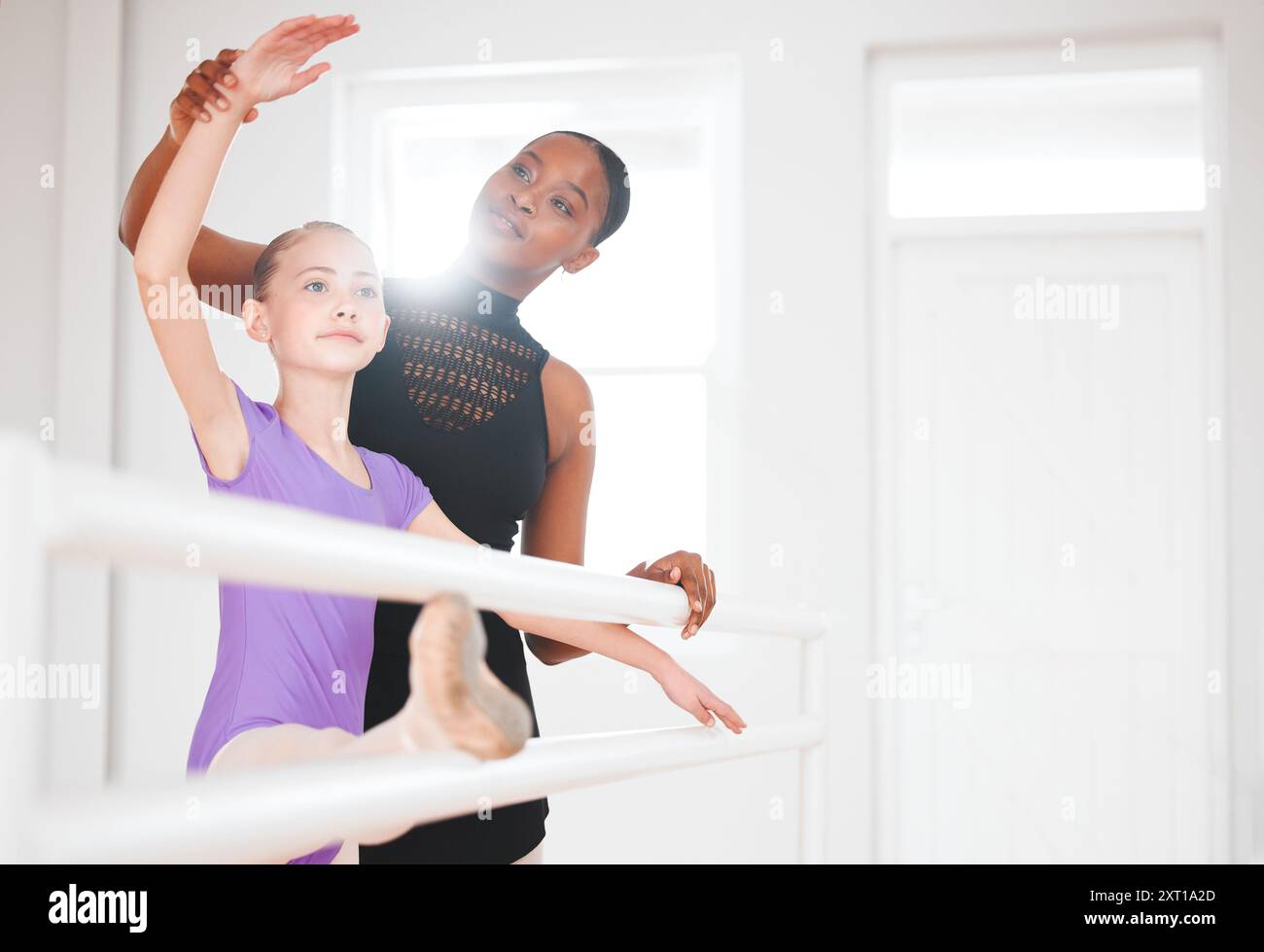 Ballet, student and woman with helping in class for arm technique ...