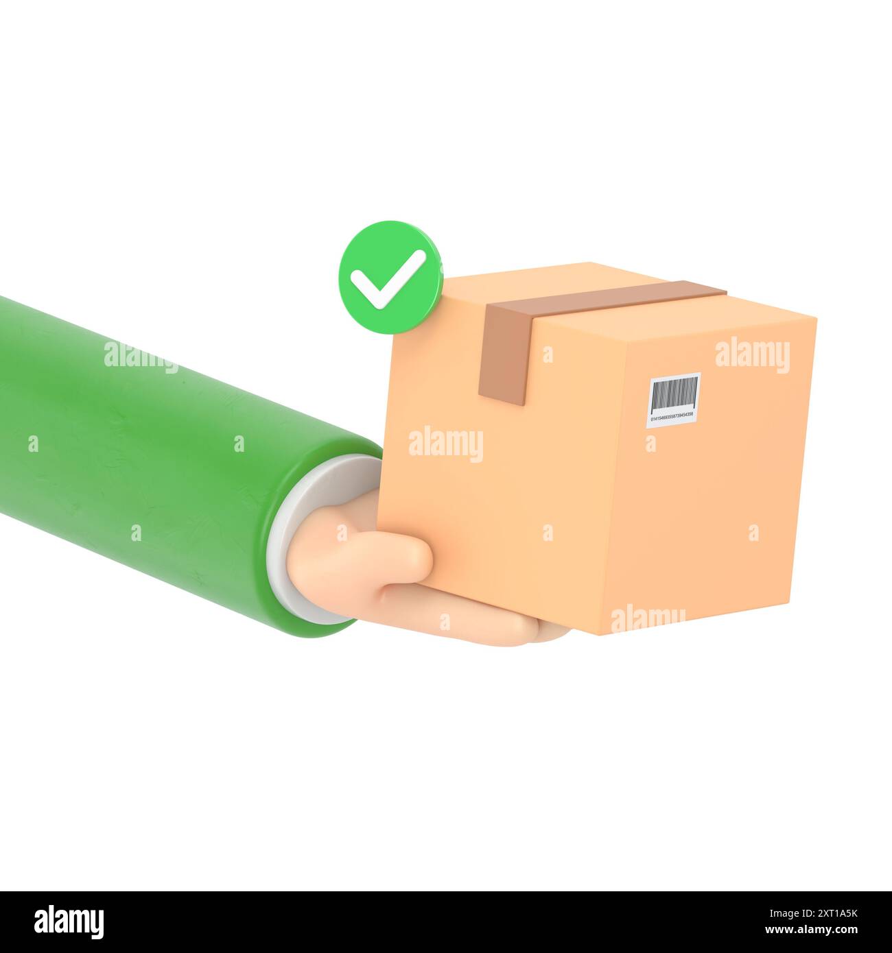 3D Hand holding parcel with check mark. Delivery of order in cardboard ...