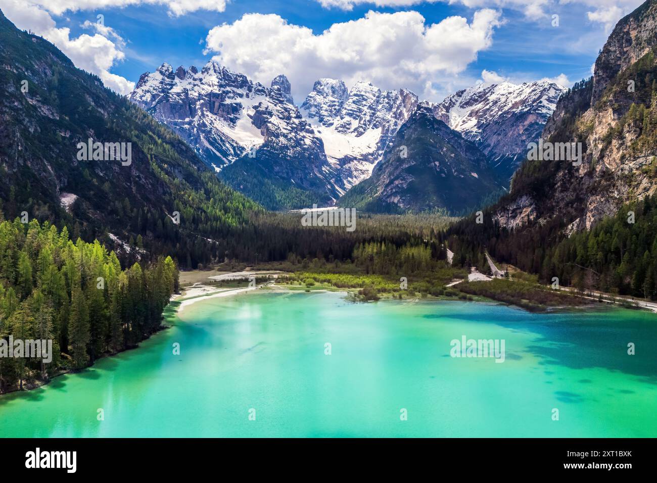 Aerial view of Lake Landro (Durrensee) with Cristallo mountain massif ...
