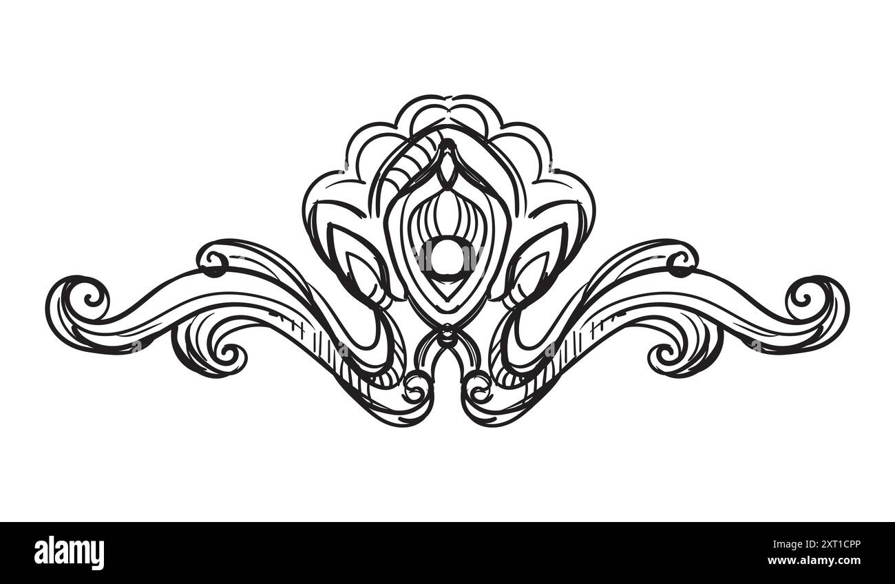 Hand drawing sketch of ornate design element. Abstract baroque style ...